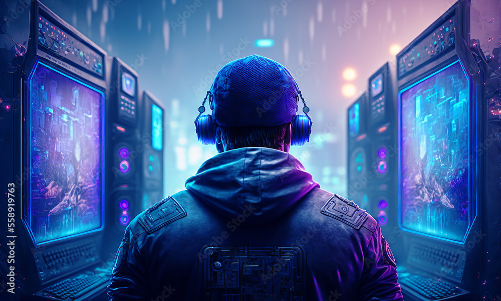 Gamer playing video games in a futuristic interior. Back view of a man ...