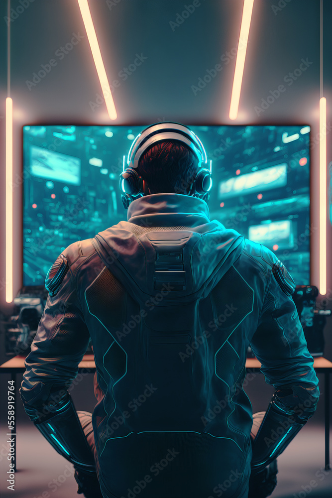 Man playing video games in a futuristic interior. Back view of a gamer ...