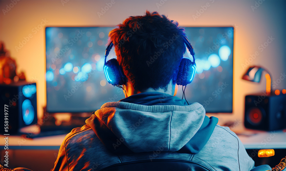 Man playing video games in a futuristic interior. Back view of a gamer ...