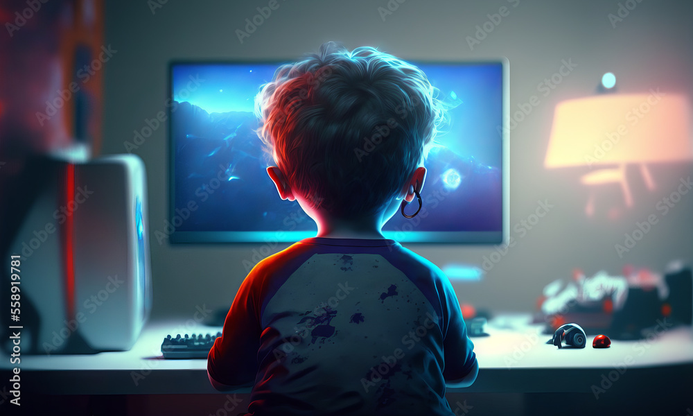 Kid playing video games in his room. Back view of a child sitting in ...