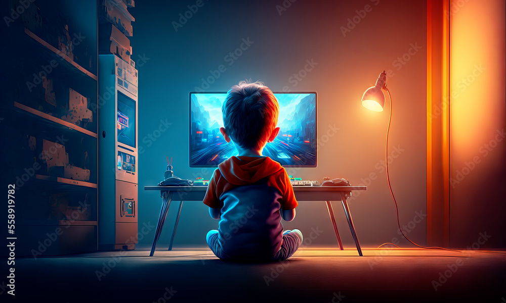 Kid playing video games in his room. Back view of a child sitting in ...