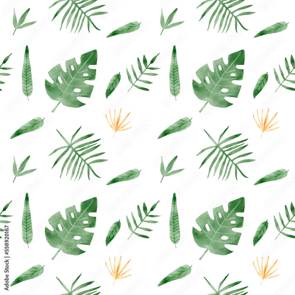 Tropical leaves pattern watercolor. Jungle leaves seamless watercolor ...