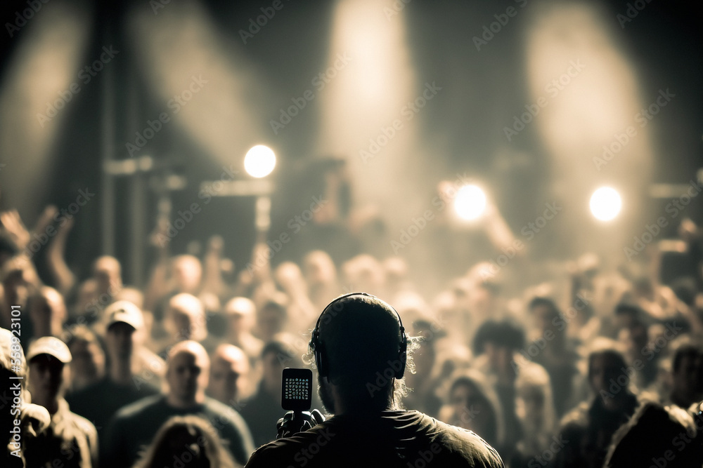 Frontman performs on concert stage, seen from behind, blurred ...