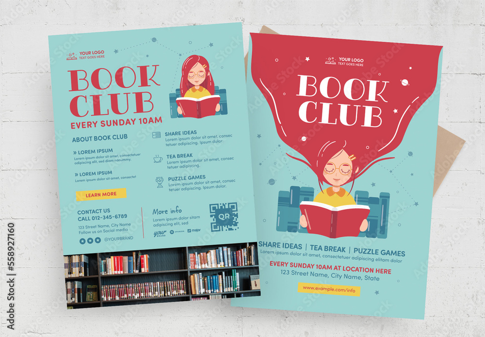 Book Club Reading Library Flyer Poster Layout Stock Template | Adobe Stock