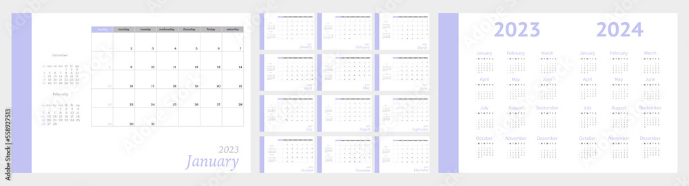 Vector calendar for 2023 and 2024. The week starts on Sunday. Wall ...