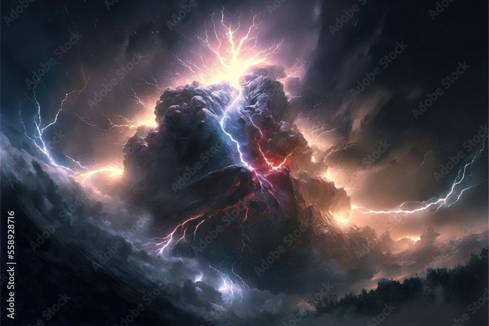 a large cloud with lightning coming out of it's center and a sky filled ...