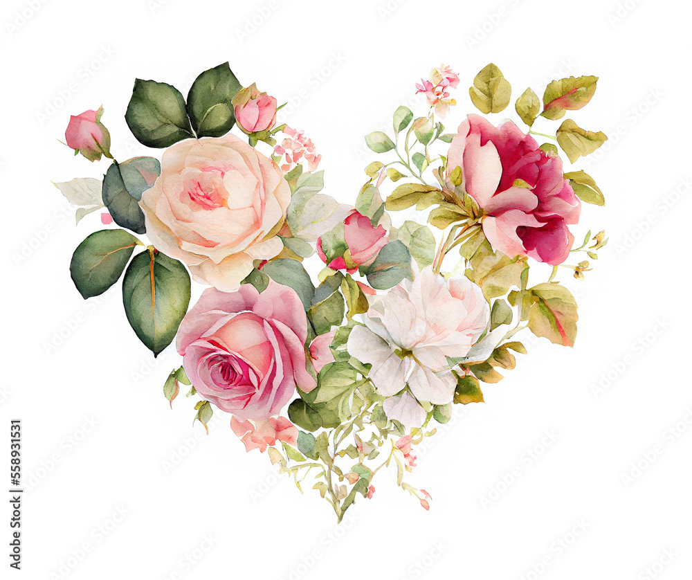 Romantic heart vignette made of vintage flowers and leaves of roses in ...