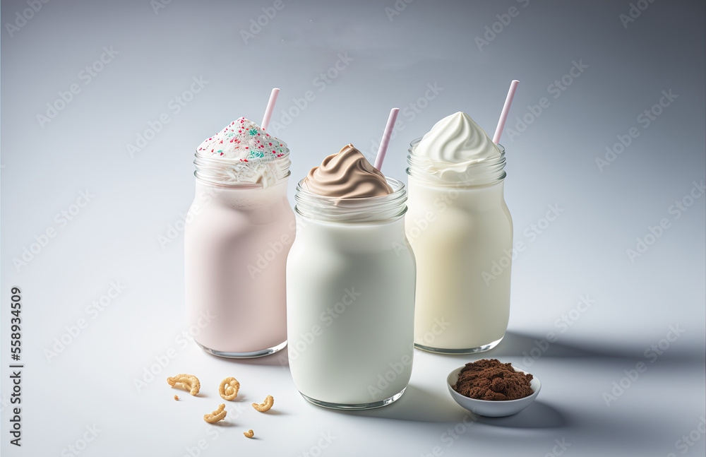 three milkshakes with different toppings in a row on a white background ...