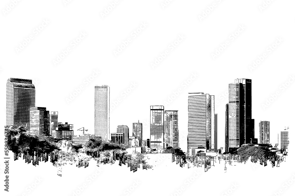 Denver Colorado Skyline, ink sketch illustration isolated on white ...