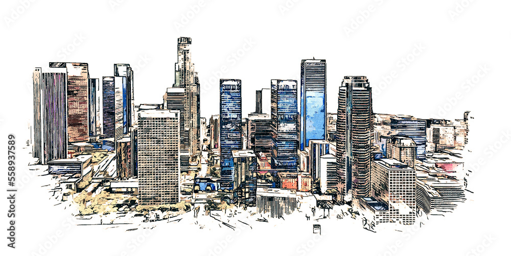 Los angeles skyline view, color sketch illustration isolated on white ...