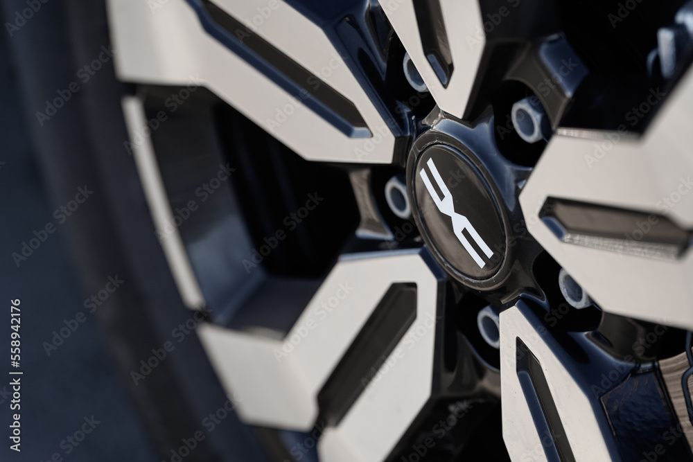 Dacia Duster. Close up view of this car wheels with the brand new logo ...