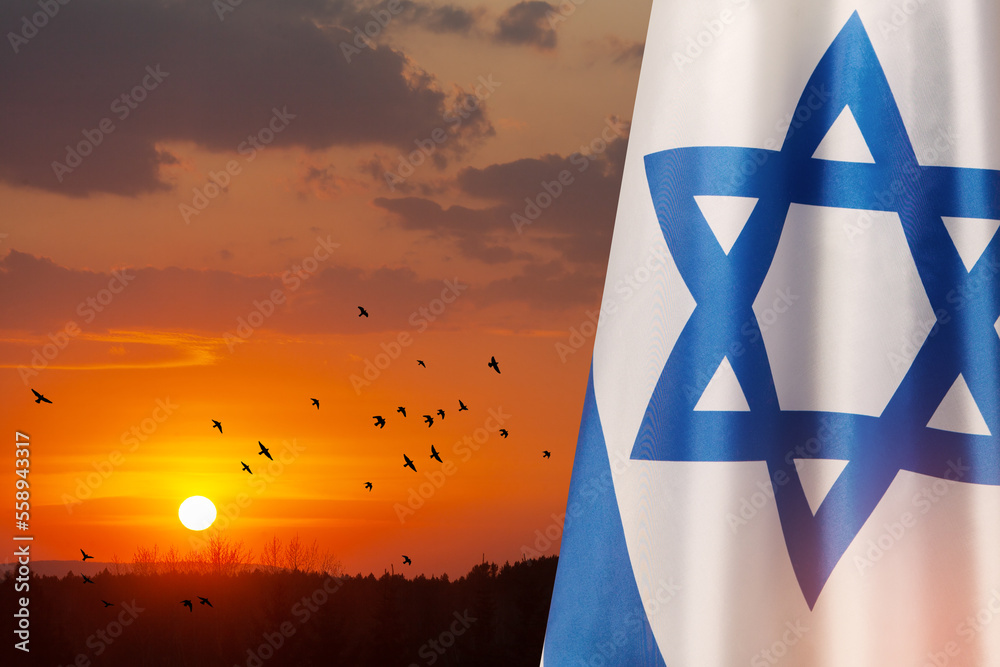 Israel flag with a star of David over cloudy sky background with flying ...