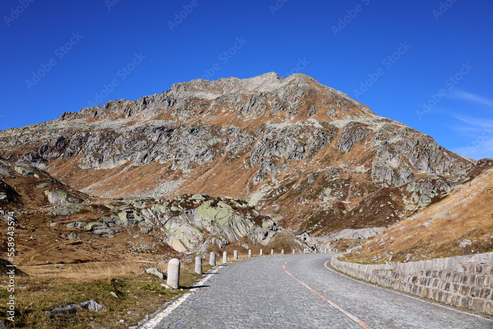View on a valley in the Oberalp Pass which is a high mountain pass in ...