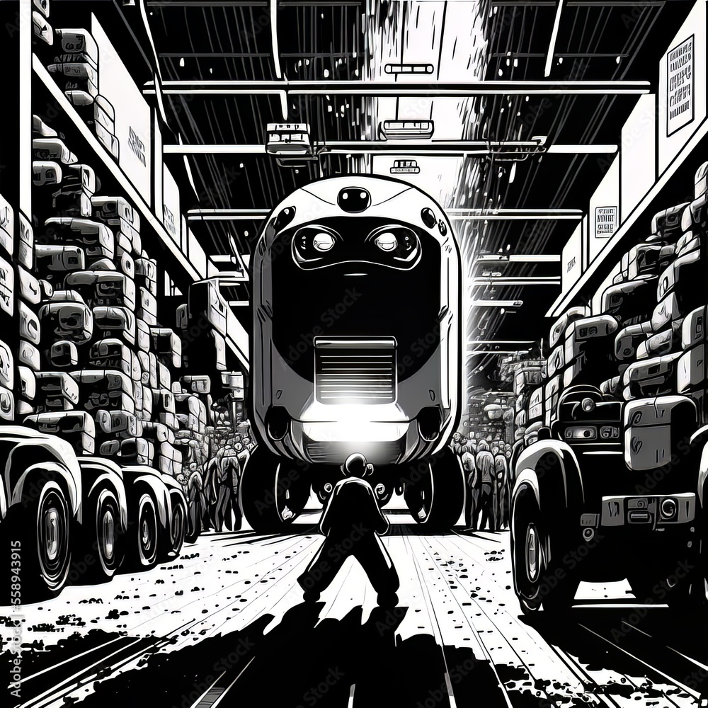 Black and white illustration of an automated guided vehicle (AGVs) in ...