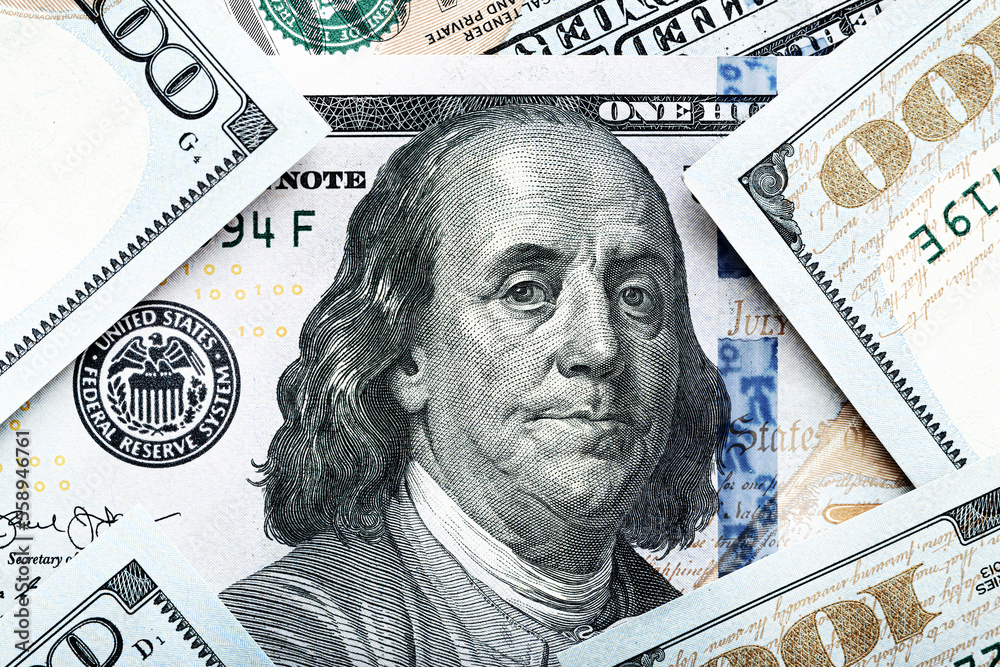 Macro One Hundred Dollar Bill. Benjamin Franklin's look on a hundred ...