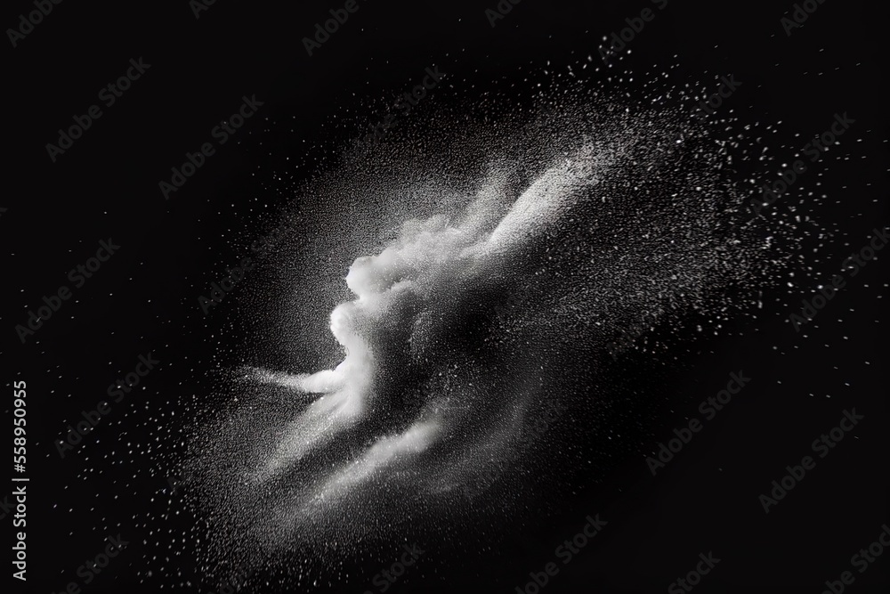 Explosion of white dust powder and particles on black background asset ...