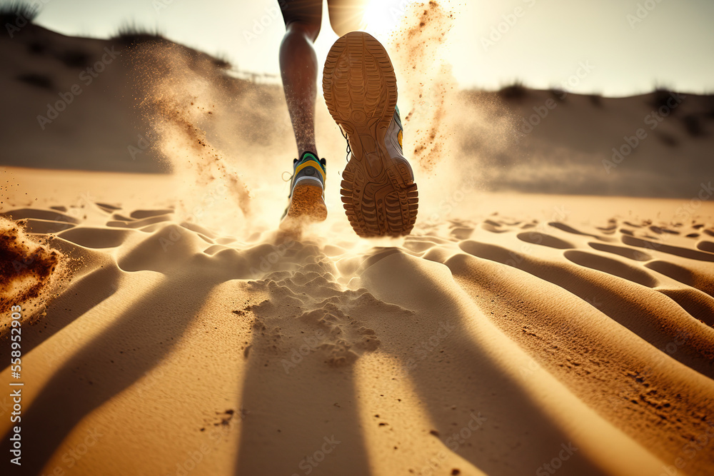 Action of the runner is perform endurance running on sand ground with ...