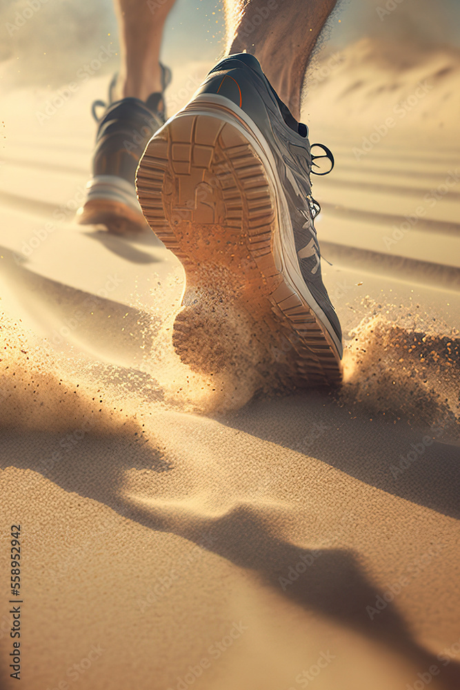 Action of the runner is perform endurance running on sand ground with ...
