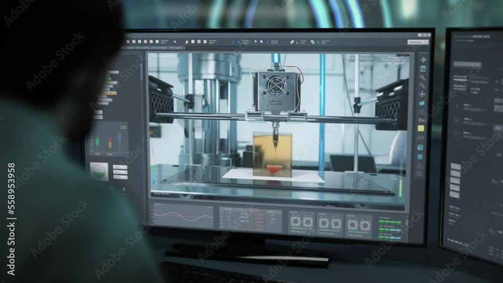 Engineering Specialist Observes Program Controlling 3D Printing Of Heart Model. Creating Organ ...