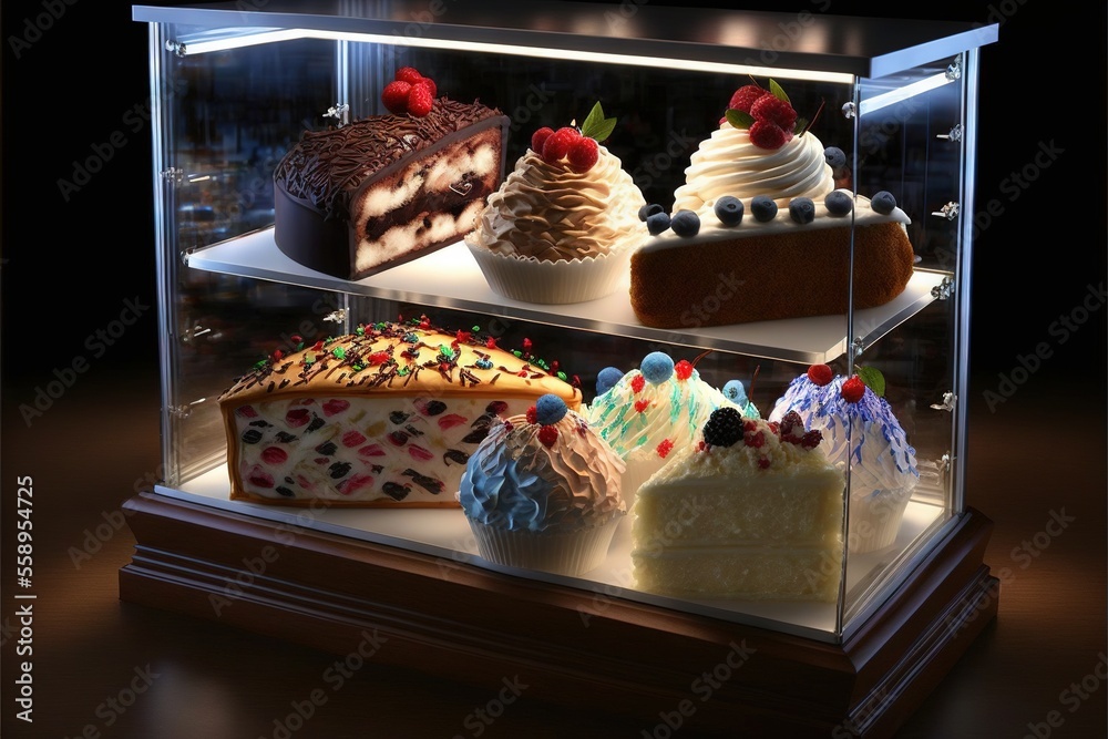 a display case filled with different types of cakes and desserts on ...
