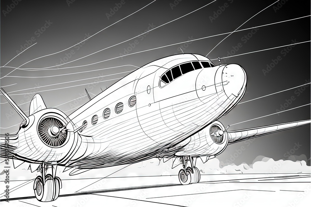 a drawing of a plane flying in the sky with a line of clouds in the ...