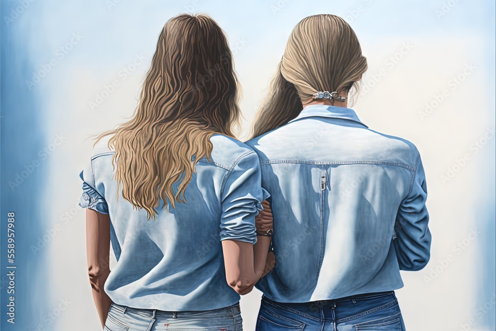 a painting of two women standing back to back, facing each other, with ...