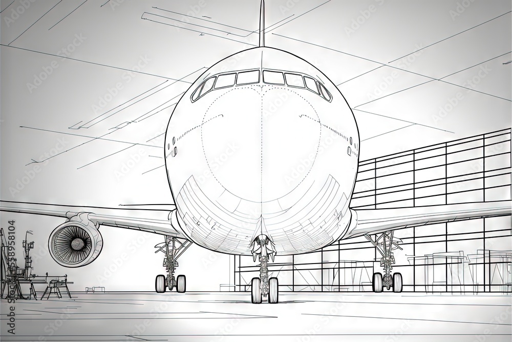 a drawing of a plane in a hangar with a jet engine on the ground and a ...