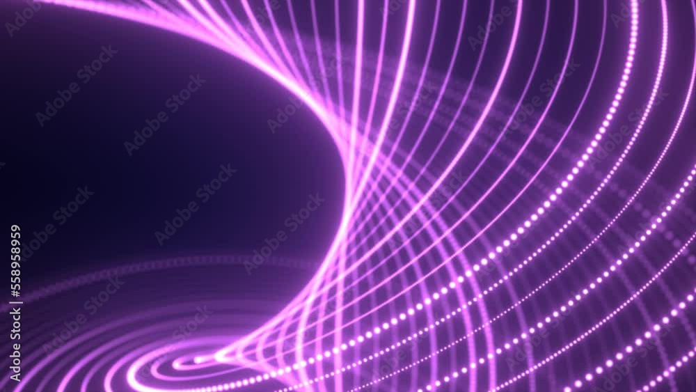 Abstract purple waves from lines and dots particles of glowing swirling ...