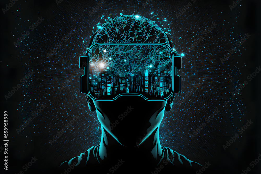 Metaverse concept, virtual world, Silhouette of a human head in ...