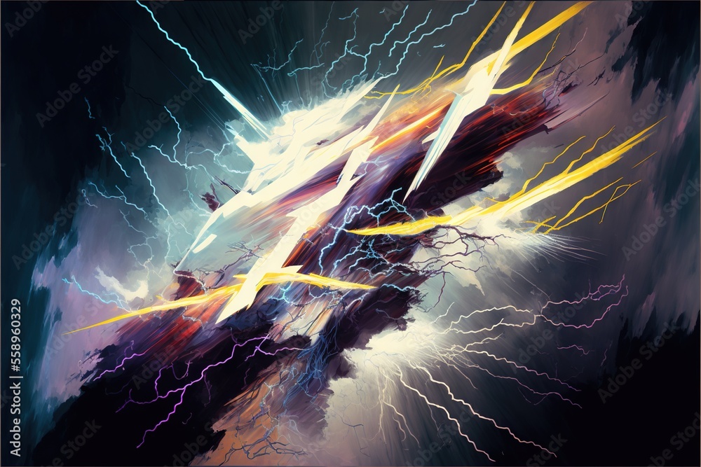 a painting of lightning striking through the sky with a black ...