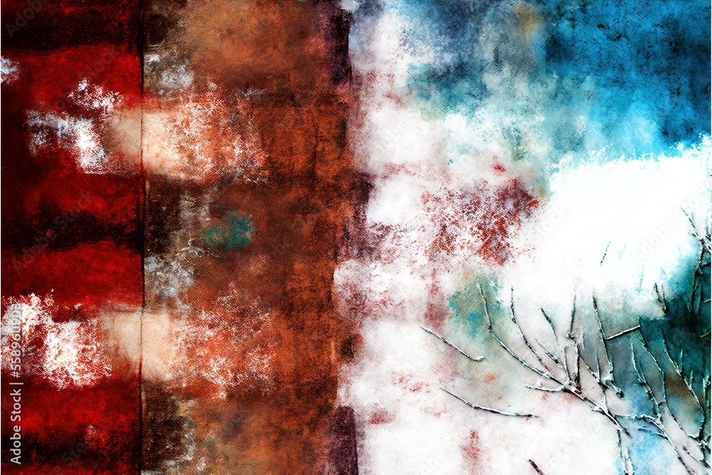 a painting of a tree and a red and blue background with a white tree in ...