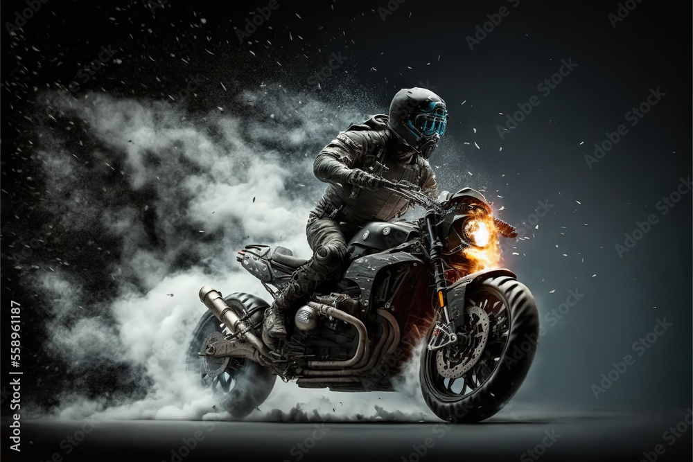 a man riding a motorcycle on a dark background with smoke and fire ...