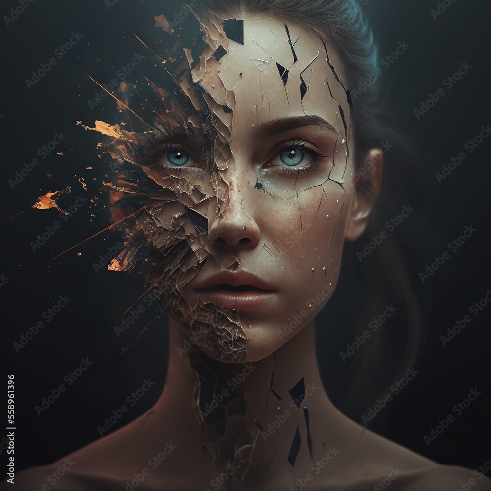 a woman with a broken face and broken skin, with a broken face and ...