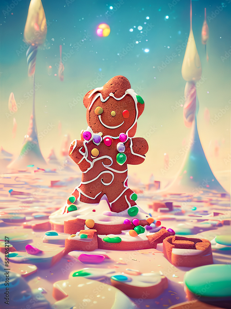A gingerbread amidst a festive, holiday-themed landscape full of sweets ...