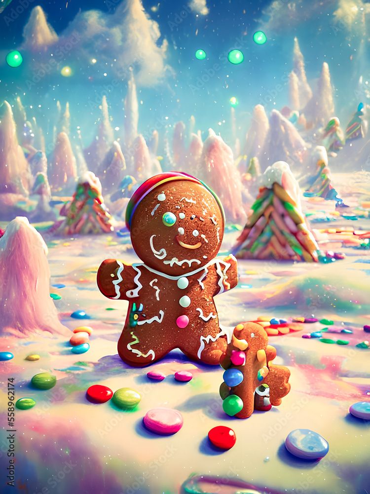 A gingerbread amidst a festive, holiday-themed landscape full of sweets ...