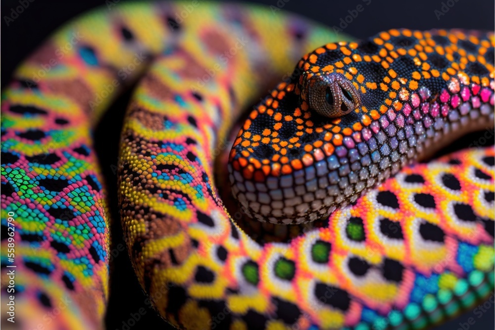 a colorful snake with a black background and a black background with a ...