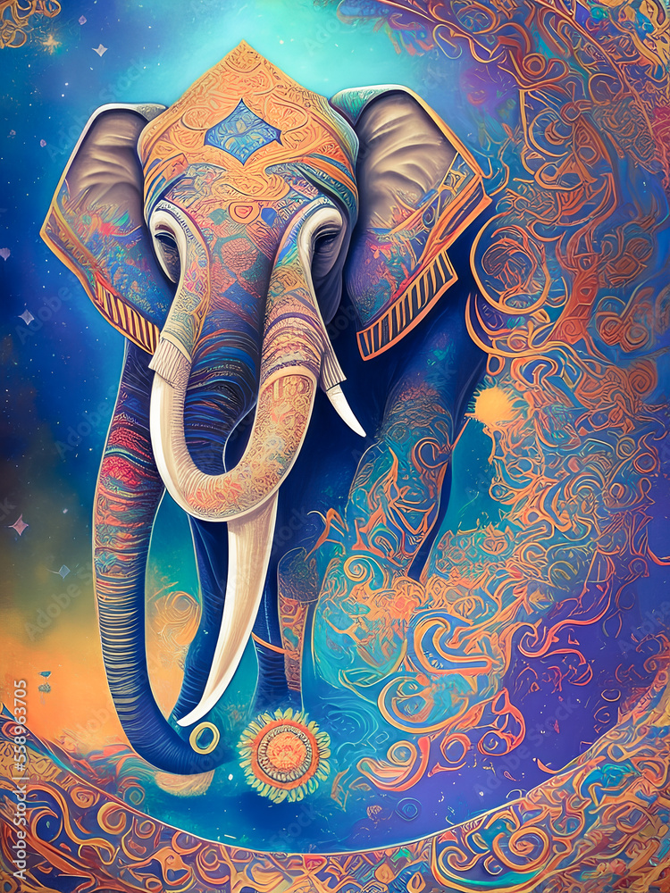 The majestic elephant is portrayed in a stylized, abstract manner ...