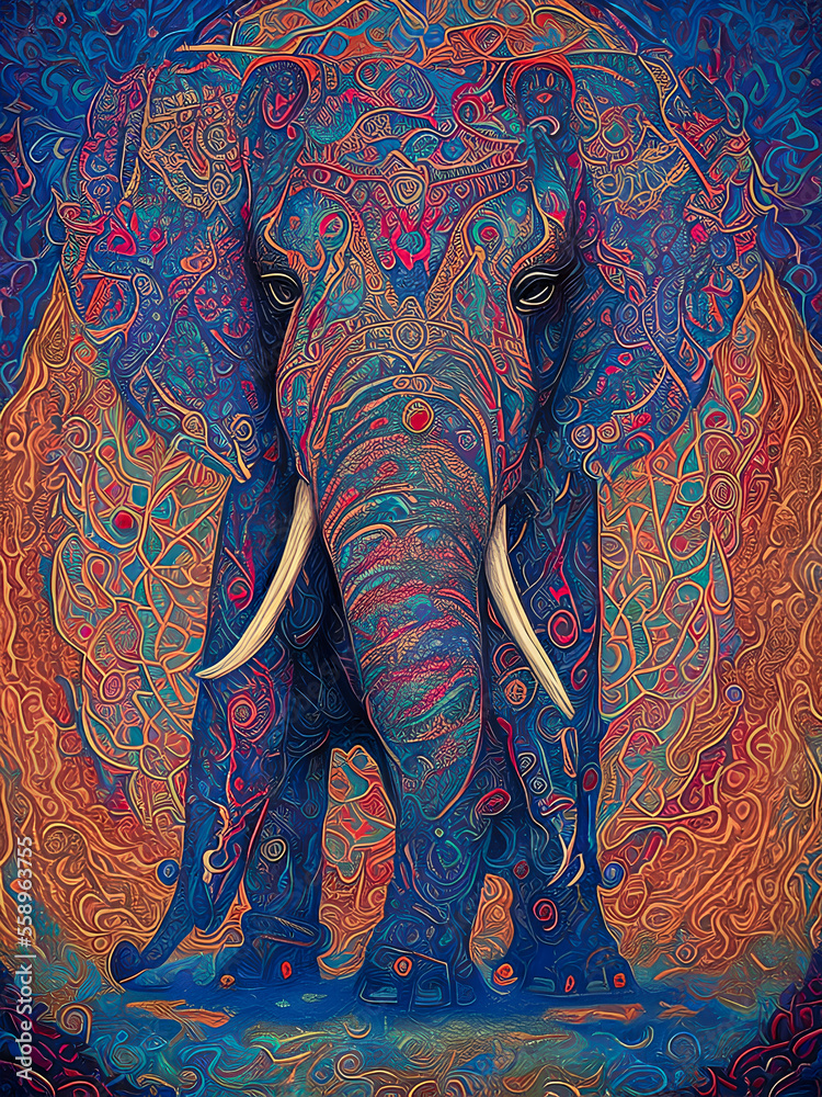 The majestic elephant is portrayed in a stylized, abstract manner ...