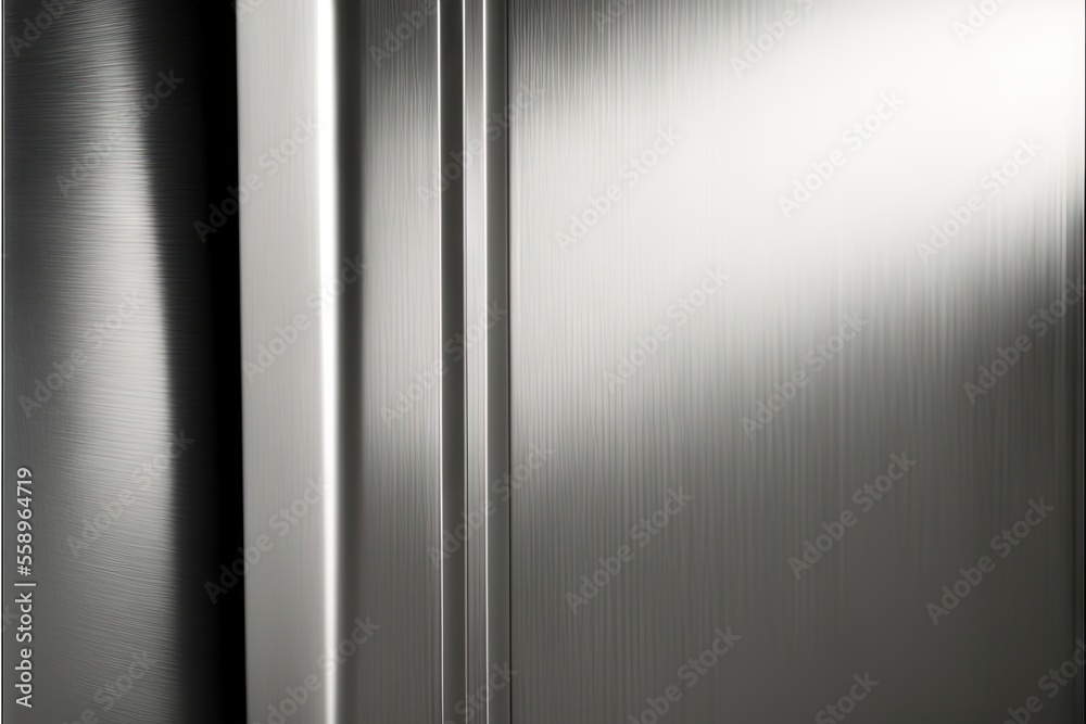 a metallic refrigerator with a black door and a white background with a ...