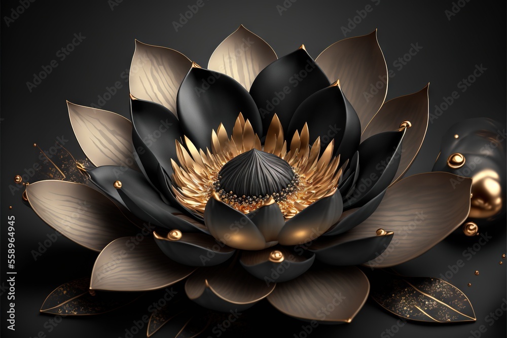 a black and gold flower with leaves on a black background with gold ...