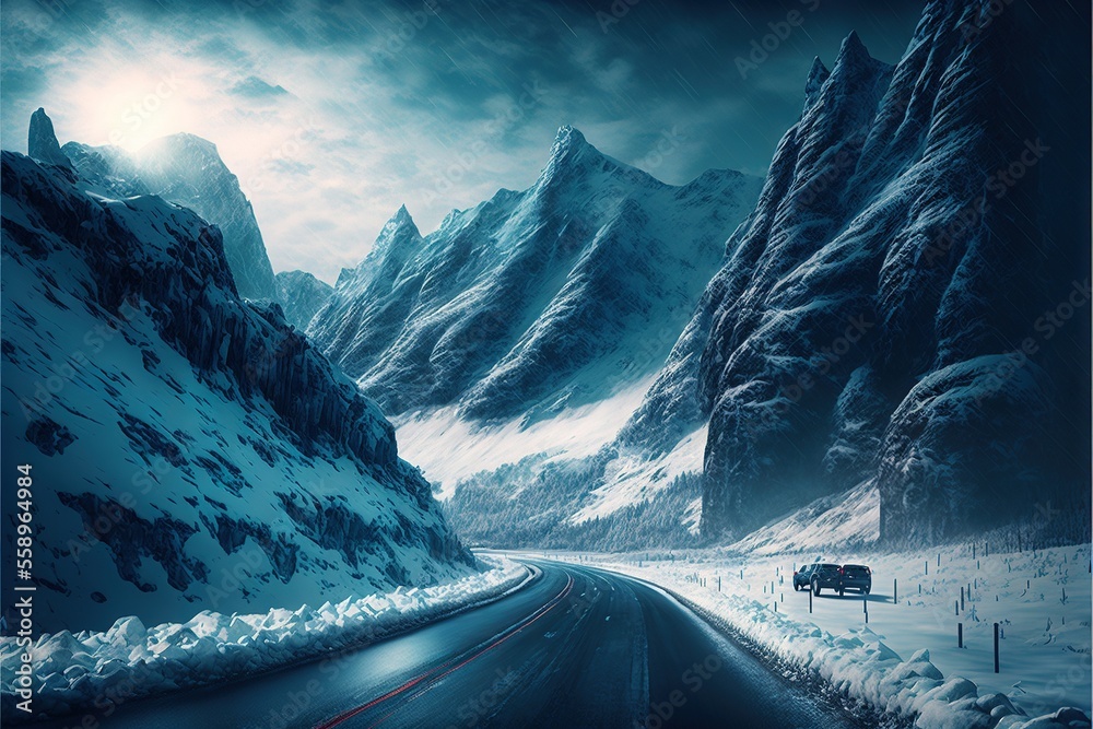 a car driving down a road in the mountains at night time with a full ...