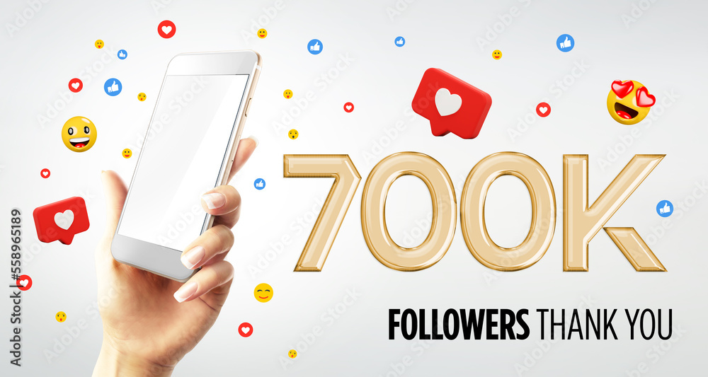700k followers celebration. Hand holding mobile smartphone with blank ...