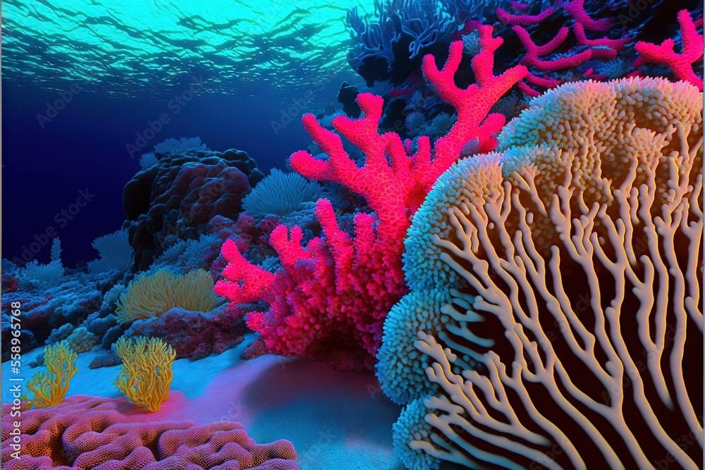 a coral reef with a variety of corals and sponge corals on it's sides ...