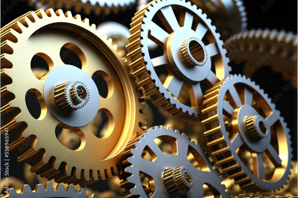 a group of gears that are gold and silver in color and size, with a ...