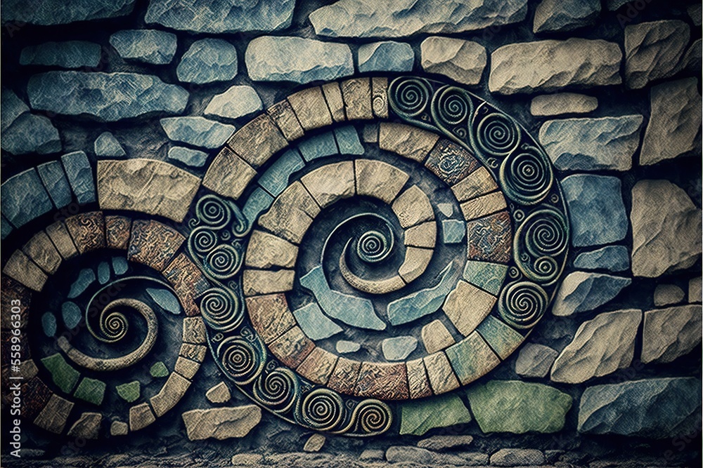a stone wall with a spiral design on it's side and a stone wall behind ...