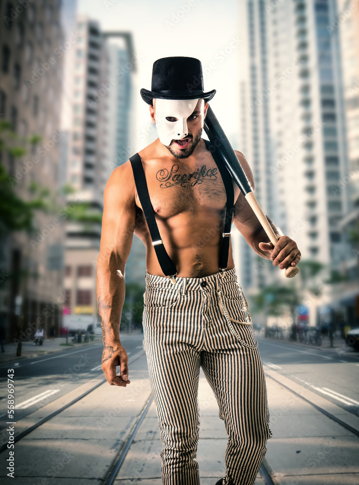 Foto de Shirtless muscle man with creepy, scary mask do Stock | Adobe Stock