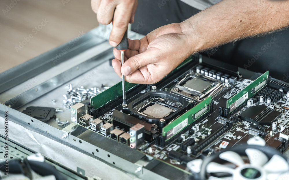 Man engineer,collector.Independent self computer assembly. Mounting in sockets processor,random ...