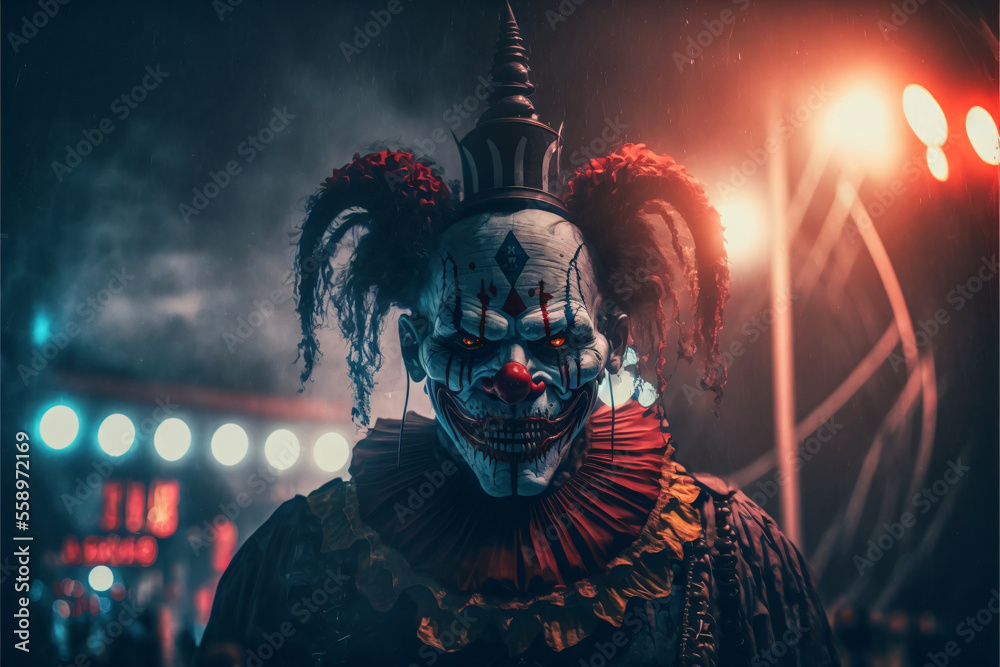 Horror clown and creapy funfair or circus. Concept of evil and fear ...