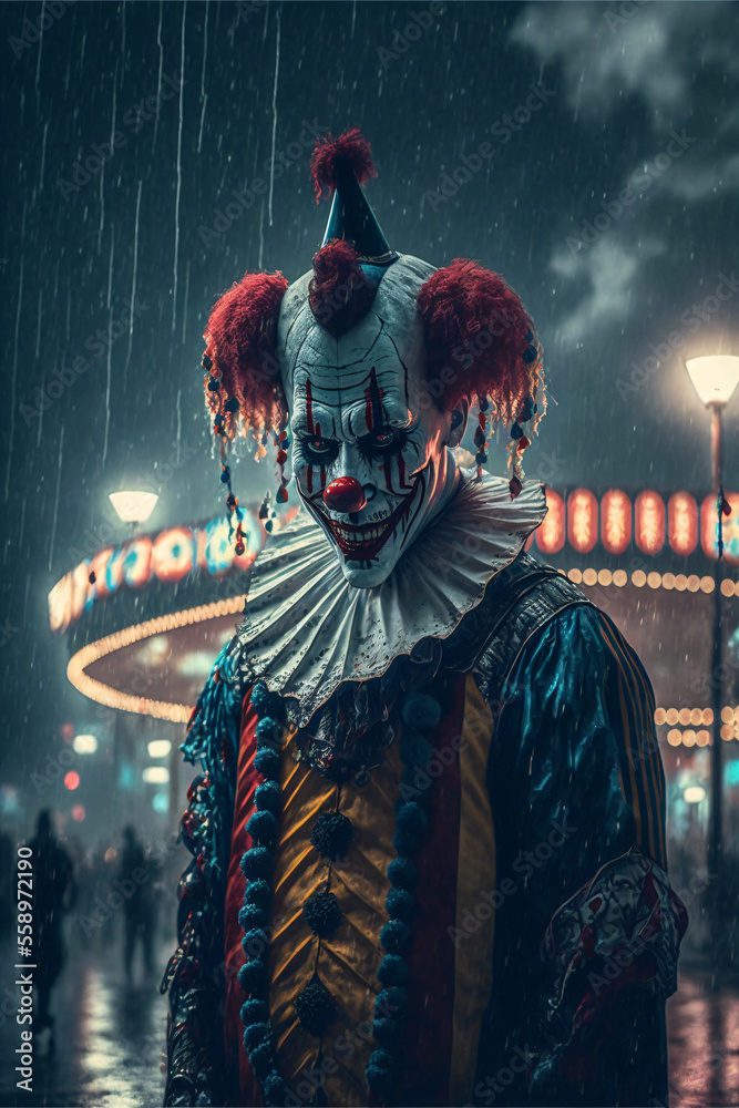 Horror clown and creapy funfair or circus. Concept of evil and fear ...