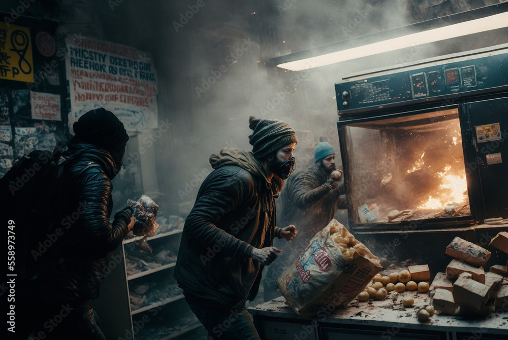 fictitious looting or demonstration, robbery or theft, masked men ...